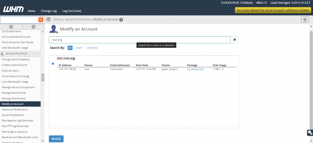 How To Modify A cPanel Account From WHM - HostingSpell Blog